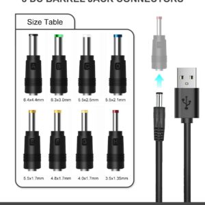 5V DC Power Cable, USB to DC 5.5x2.1mm Plug Charging Cord with 8 Connectors Adapters fit for Speaker, Router, LED Light, Moon Lamp and More 5Volt 3Amp Electronics