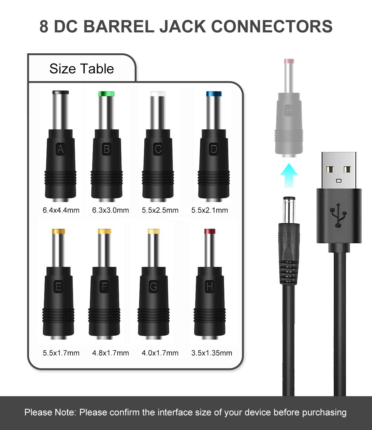 5V DC Power Cable, USB to DC 5.5x2.1mm Plug Charging Cord with 8 Connectors Adapters fit for Speaker, Router, LED Light, Moon Lamp and More 5Volt 3Amp Electronics