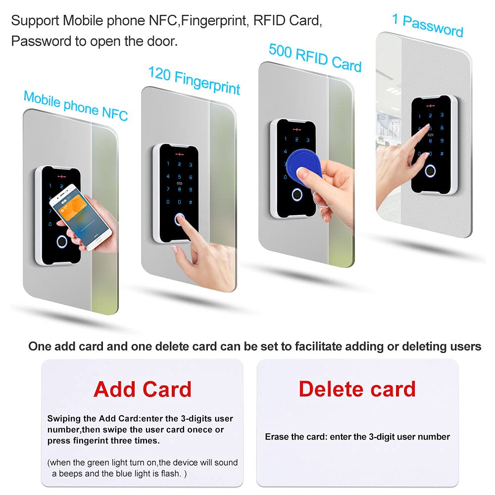 JASAG Fully Waterproof Fingerprints Access Control System Kit, Metal Shell RFID Keypad NFC Unlocking, with Upgraded 180KG (380lbs) Magnetic Lock and Professional Power Supply, for Door Lock Security