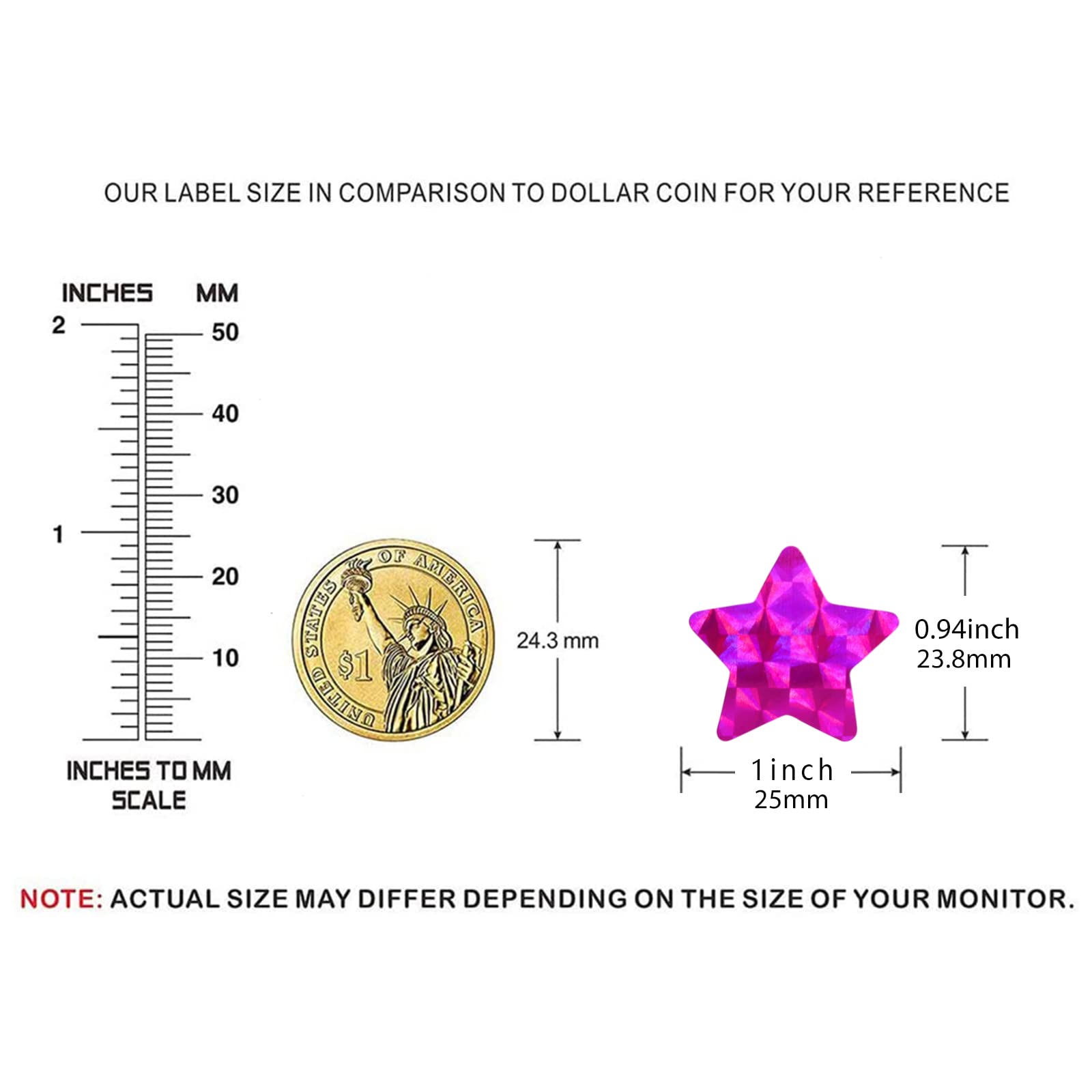 Fiercy 1 inch Pink Star Stickers with Glitter Holographic Pattern, 500 pcs Sparkling Self-adhensive Label Roll, Star Shape Reward Stickers for Kids Behavior