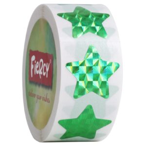 fiercy 1 inch green star stickers with glitter holographic pattern, 500 pcs sparkling self-adhensive label roll, star shape reward stickers for kids behavior