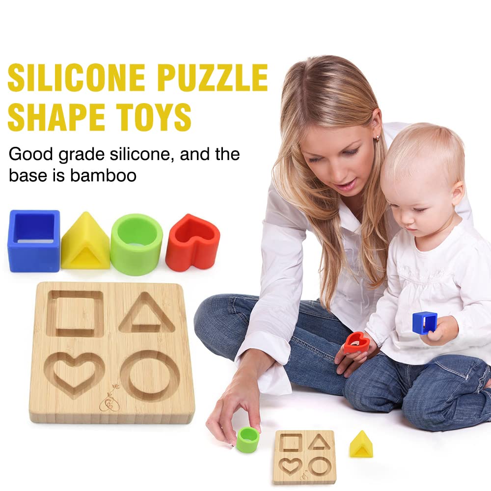 My Little Nugget Silicone (Heart) Puzzle Shape Toy with a Bamboo Base, Stacking Blocks, Safe Teething & Squeezing Play, BPA Free, Developmental and Educational Toy for Kids,