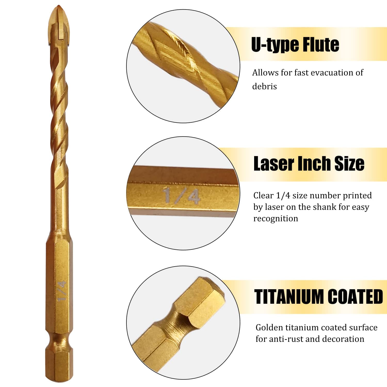 Hymnorq 1/4 Inch Multi-Purpose Masonry Drill Bits 10pc Pack, YG6X Carbide Tipped 4 Edges Cross Spear Head, 1/4 Hex Shank, Titanium Coated Surface, for Glass Tile Concrete Wood Ceramic Brick Marble