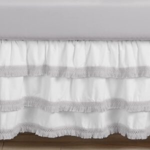 Sweet Jojo Designs Boho Bohemian Boy Girl Baby Crib Bed Skirt Nursery Dust Ruffle - Grey White Farmhouse Shabby Chic Designer Modern Minimalist Gray Ruffle Tassel Fringe Macrame Cotton Neutral Unisex