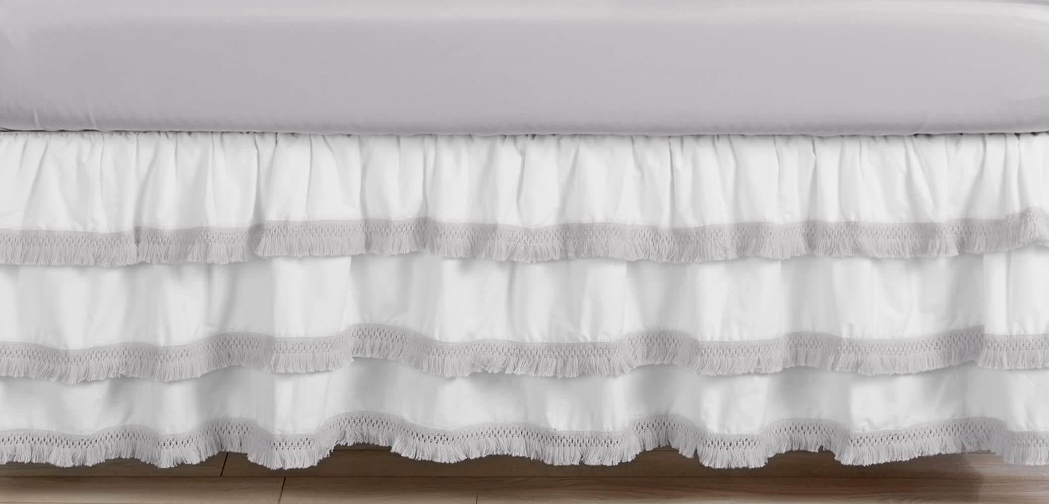 Sweet Jojo Designs Boho Bohemian Boy Girl Baby Crib Bed Skirt Nursery Dust Ruffle - Grey White Farmhouse Shabby Chic Designer Modern Minimalist Gray Ruffle Tassel Fringe Macrame Cotton Neutral Unisex