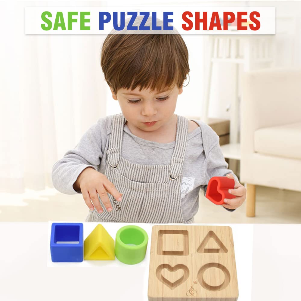 My Little Nugget Silicone (Heart) Puzzle Shape Toy with a Bamboo Base, Stacking Blocks, Safe Teething & Squeezing Play, BPA Free, Developmental and Educational Toy for Kids,