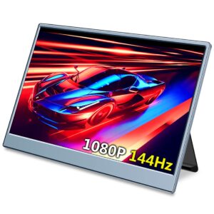 magedok portable monitor 144hz, 15.6 inch fhd portable screen for laptop, 1ms,freesync,hdr,external mobile display/gaming monitor with dual type c& hdmi &dp, plug& play with built-in stand