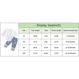 ZIYIXIN Baby Girls Summer Clothes Set Lace Hollow Out Long Sleeve Romper + Ripped Patchwork Jeans Infant Cute 2Pcs Outfits (Blue, 3-6 Months)