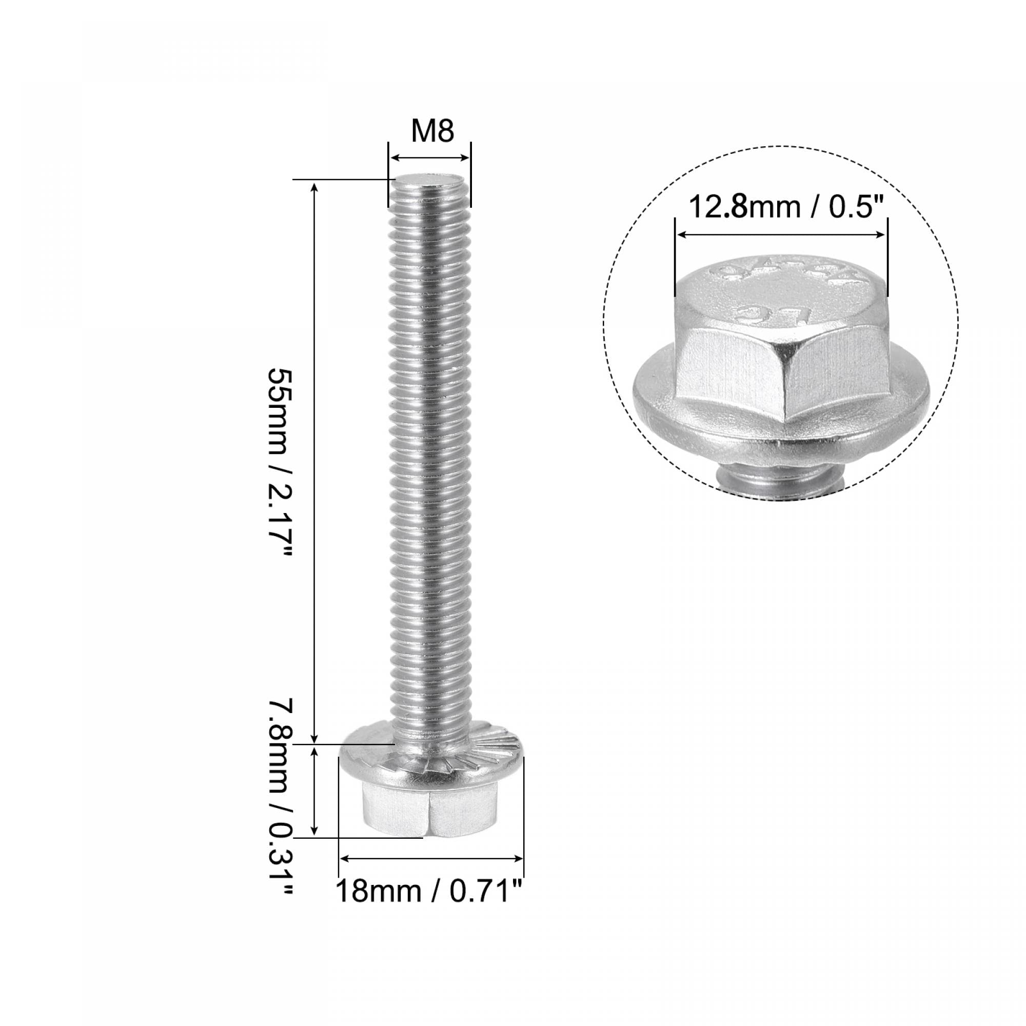 uxcell M8x55mm Hex Serrated Flange Bolts Screws Metric Thread 304 Stainless Steel 5pcs