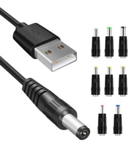 5v dc power cable, usb to dc 5.5x2.1mm plug charging cord with 8 connectors adapters fit for speaker, router, led light, moon lamp and more 5volt 3amp electronics