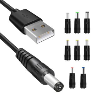 5V DC Power Cable, USB to DC 5.5x2.1mm Plug Charging Cord with 8 Connectors Adapters fit for Speaker, Router, LED Light, Moon Lamp and More 5Volt 3Amp Electronics