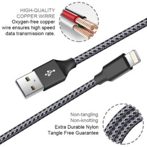 3 Pack 6 FT iPhone Charger Cable [Apple Mfi-Certified] Lightning Cable Nylon Braided High Speed USB Fast Charging Cord Compatible with iPhone 14/13 Pro Max/12/11/XS/XR/X/8 plus/7/6/5/iPad（Gray Black）