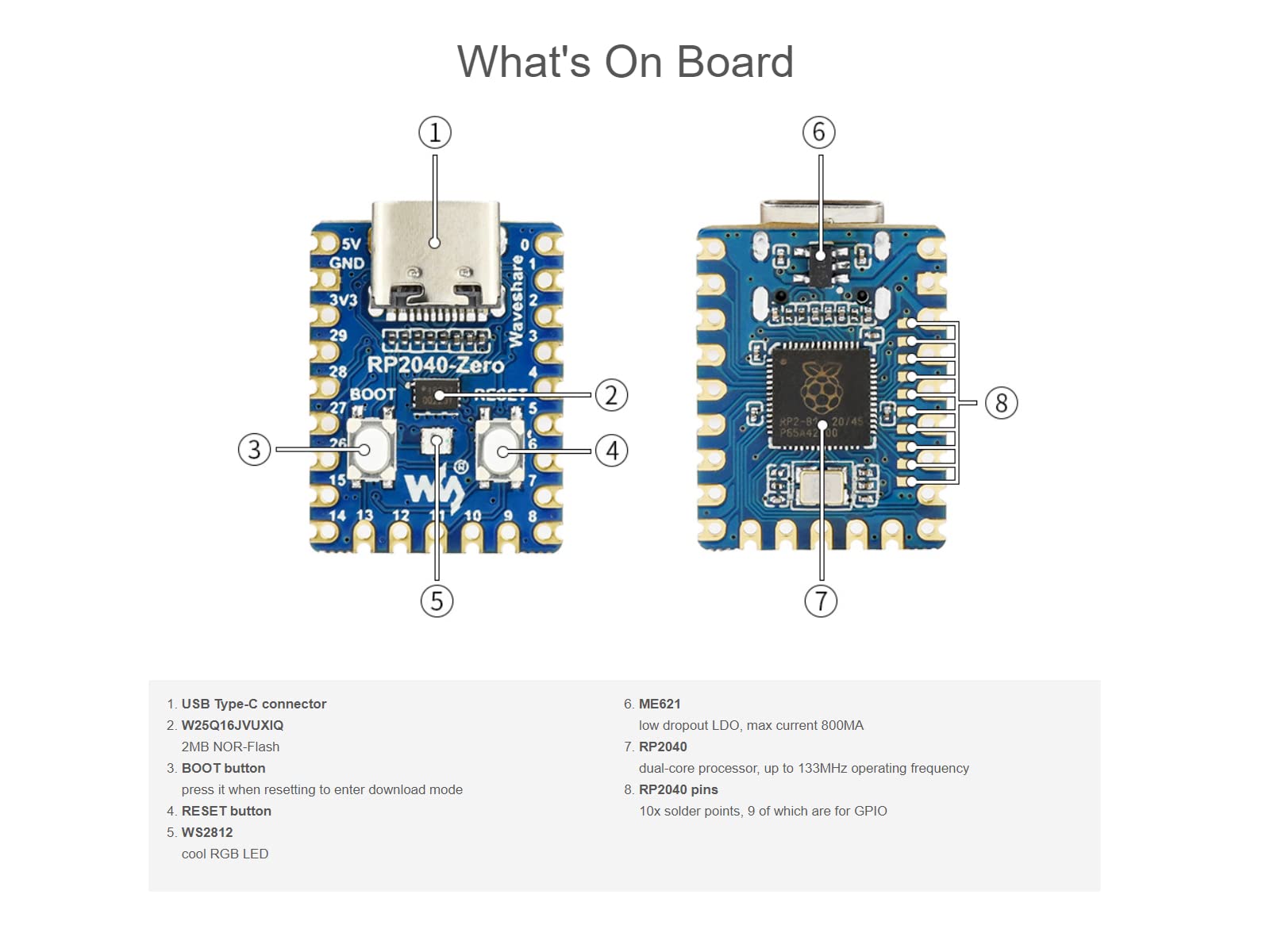 waveshare RP2040-Zero Mini Board High-Performance Pico-Like MCU Board Based on Raspberry Pi Microcontroller Chip RP2040,USB-C Connector,Low-Cost, Support C/C++,MicroPython