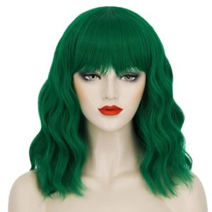 juziviee green wigs for women 14" short green wig with bangs curly wavy synthetic soft hair wigs for st patrick's day party jz001gr