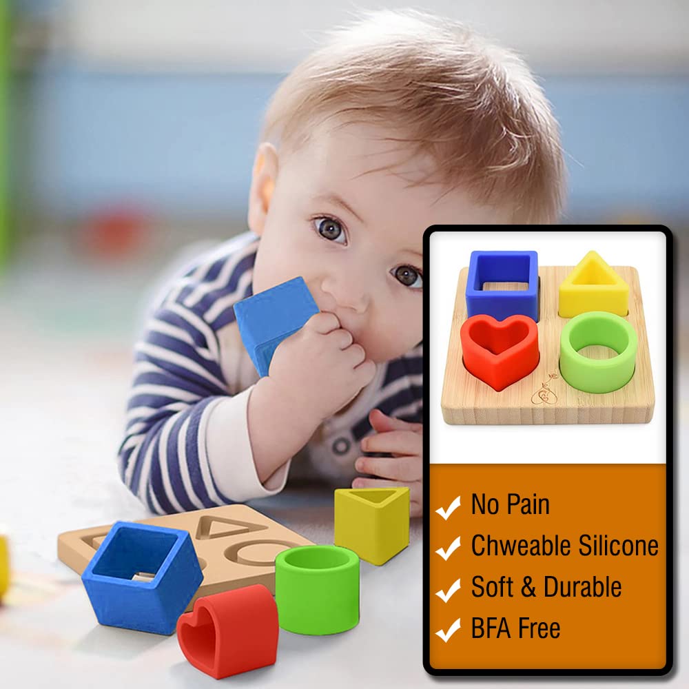 My Little Nugget Silicone (Heart) Puzzle Shape Toy with a Bamboo Base, Stacking Blocks, Safe Teething & Squeezing Play, BPA Free, Developmental and Educational Toy for Kids,