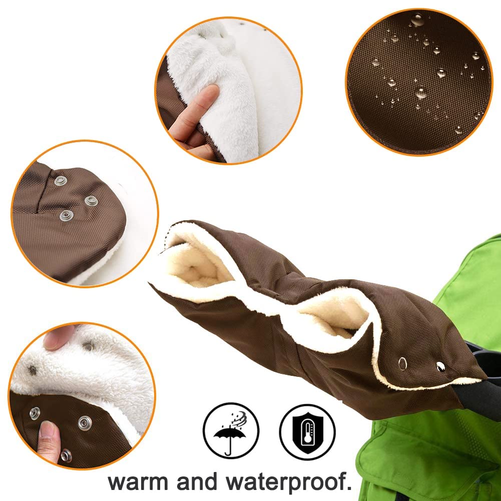 MIOKY Baby Stroller Warm Gloves,Universal Stroller Hand Muff,Waterproof Windproof Antifreeze Winter Flannel Fabric Thick Plush Warm Gloves Kids Infant Pram Handlebar Cover,Coffee