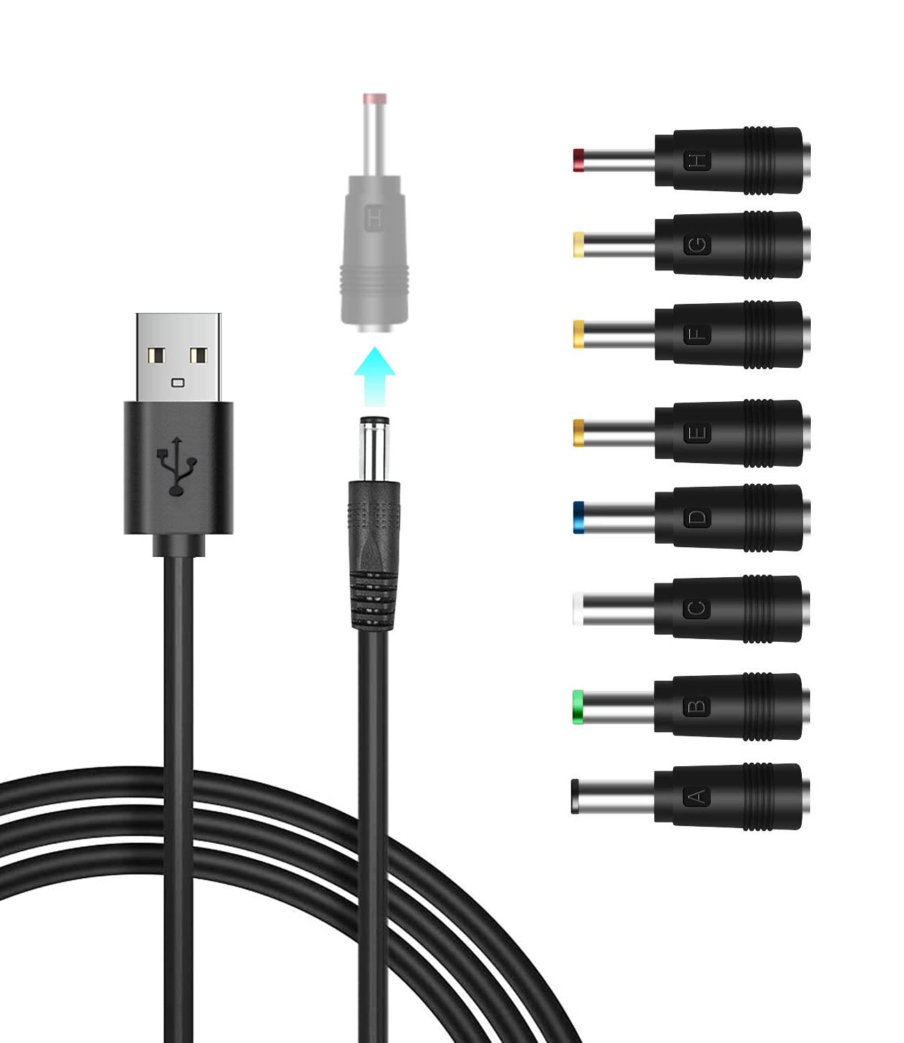 5V DC Power Cable, USB to DC 5.5x2.1mm Plug Charging Cord with 8 Connectors Adapters fit for Speaker, Router, LED Light, Moon Lamp and More 5Volt 3Amp Electronics