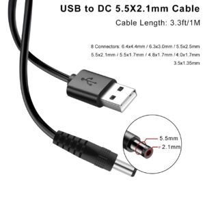 5V DC Power Cable, USB to DC 5.5x2.1mm Plug Charging Cord with 8 Connectors Adapters fit for Speaker, Router, LED Light, Moon Lamp and More 5Volt 3Amp Electronics