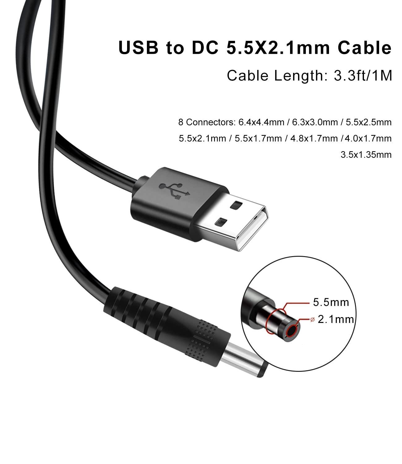 5V DC Power Cable, USB to DC 5.5x2.1mm Plug Charging Cord with 8 Connectors Adapters fit for Speaker, Router, LED Light, Moon Lamp and More 5Volt 3Amp Electronics