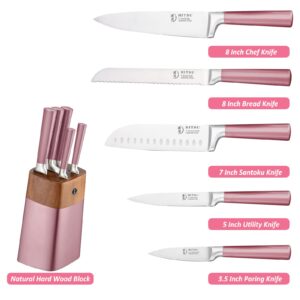 RITSU Knife Set - Professional 6 Pieces Knife Set With Block - Premium German Steel Chef Knife Set With Hollow Handle - Pink