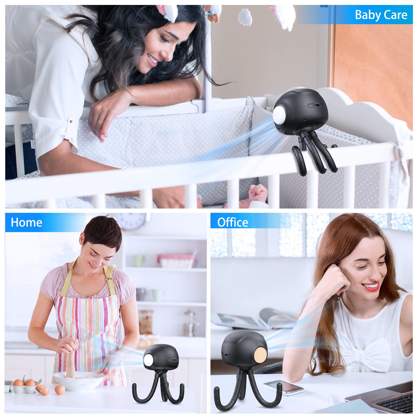 Inverter Table Fans With LED Lights｜USB Fans Rechargeable 4000mAh Portable Robot Flexible Tripod Clip ｜4 Speeds 360°Adjustment, for Baby Stroller, Bedside, Desktop｜Where You Can Stand and Hang (Black)