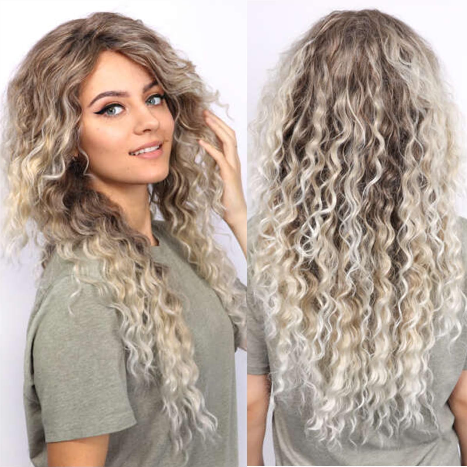 Fencca Ash Blonde Long Curly Wigs for Women Ombre Color Heat Synthetic Curly Wig Mix Blonde Curly Wavy Wig Layered Natural Daily Party Wig