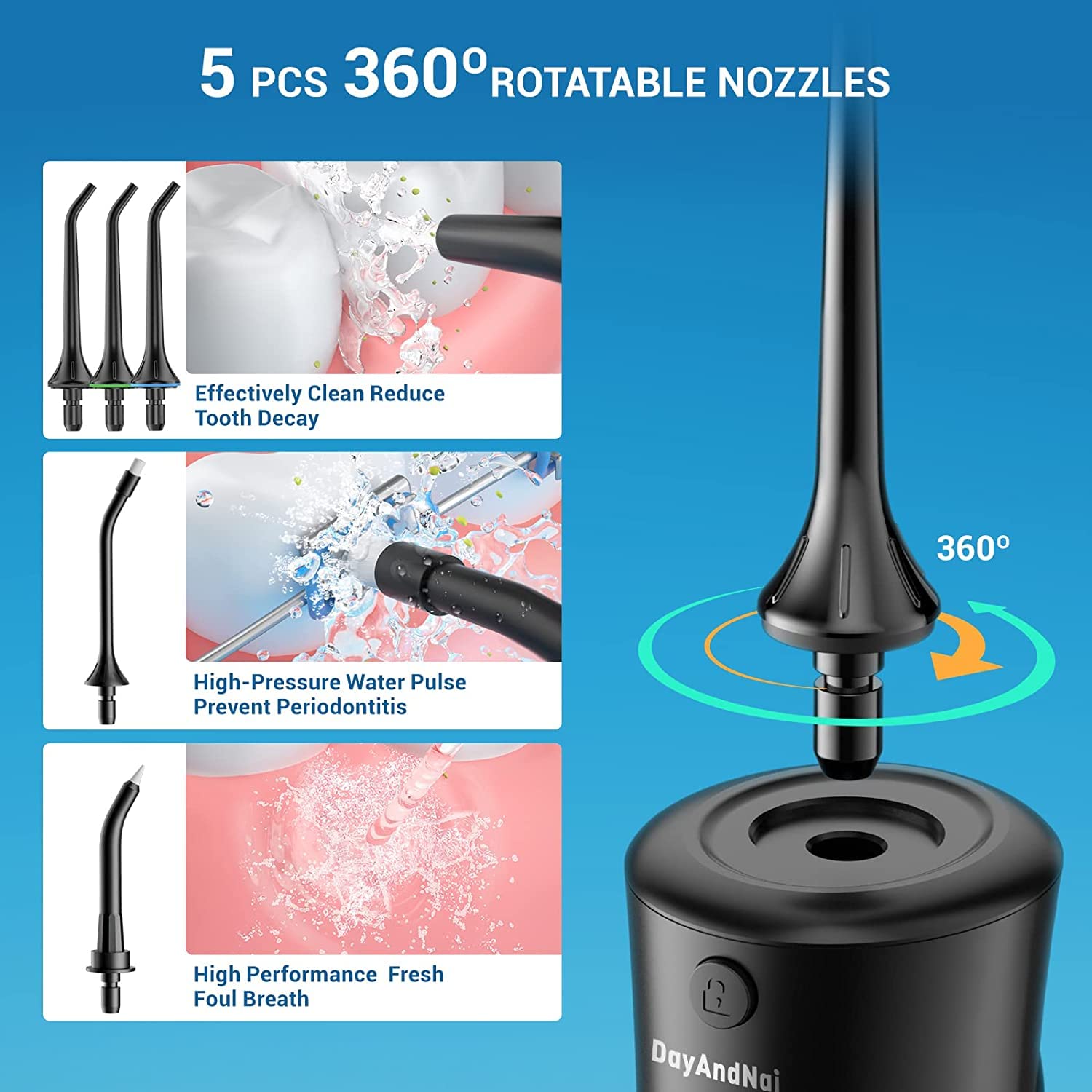 Professional Cordless Water Dental Flosser - DayAndNai Portable Waterproof Teeth Cleaner Picks USB Rechargeable Oral Irrigator for Home Travel Braces with 5 Flossing Tips 3 Modes,Black