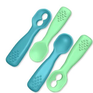 silicone baby spoon set | baby spoons self feeding 6 months | bpa free baby led weaning spoons stage 1 & 2 for kids 6+ months | silicone baby feeding spoon set - 4 spoons, green/blue