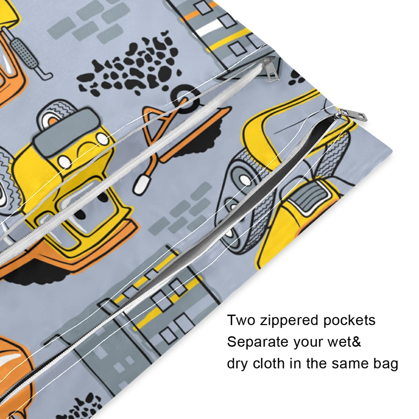 xigua Funny Construction Vehicles Wet Dry Bags for Baby Cloth Diapers Waterproof Reusable Wet Bags with 2 Zippered Pockets for Travel Beach Pool Stroller Gym Swimsuits Wet Clothes (2 Pack)