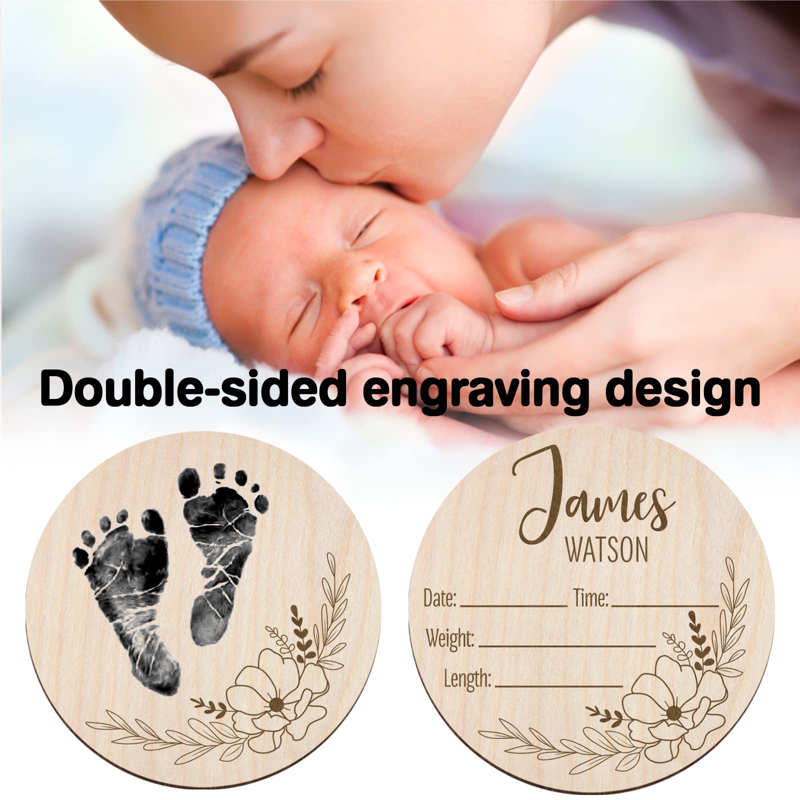 Mayyi Newborn Birth Announcement Sign,Personalized Newborn Handprint and Footprint Sign,Custom Engraved Wooden Baby Name Sign,Newborn Photo Props, Hello World Newborn Announcement for Hospital