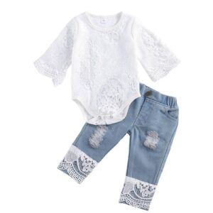 ziyixin baby girls summer clothes set lace hollow out long sleeve romper + ripped patchwork jeans infant cute 2pcs outfits (blue, 3-6 months)