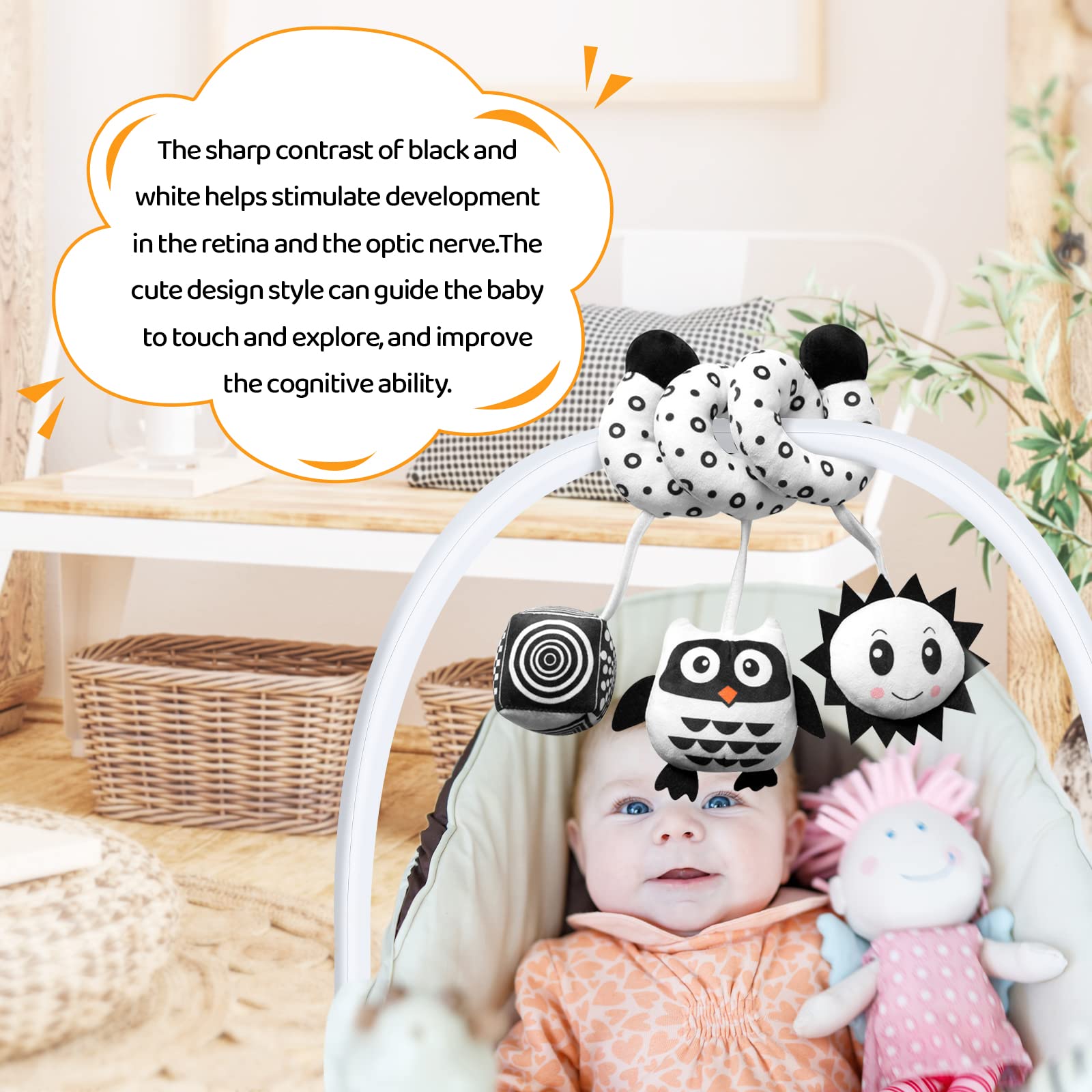 Stroller Toys,Cute Baby Spiral Plush Toys,Black White Stretch & Spiral Activity Toy,Baby Car Seat Toys,Hangings Rattle Toy for Infant,Newborn Sensory Toy for Boy Or Girl, for Strollers（Bee）