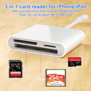 SZHAIYIJIN CF SD Card Reader for iPhone iPad, 3 in 1 Compact Flash Memory Card Reader Adapter, 3-Slot MicroSD CF SD Trail Game Digital Camera Viewer for iPhone 14/14 Pro/13/13 Pro No App Required