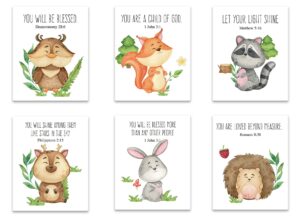 inspirational christian bible verses quotes baby nursery wall art decor, inspirational quotes for boy girl kids room nursery room decor, set of 6 posters 8x10, unframed (forest animals bible3)