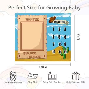 West Cowboy Baby Monthly Milestone Blanket, 48x40in Soft Flannel, Wanted Reward Desert Cactus, Newborn Mom Gifts, Baby Shower Age Growth Tracker with Bonus Maker BTZYSS56