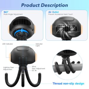 Inverter Table Fans With LED Lights｜USB Fans Rechargeable 4000mAh Portable Robot Flexible Tripod Clip ｜4 Speeds 360°Adjustment, for Baby Stroller, Bedside, Desktop｜Where You Can Stand and Hang (Black)