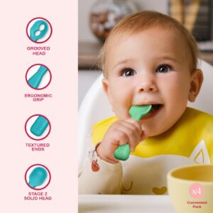 Silicone Baby Spoon Set | Baby Spoons Self Feeding 6 Months | BPA Free Baby Led Weaning Spoons Stage 1 & 2 for Kids 6+ Months | Silicone Baby Feeding Spoon Set - 4 Spoons, Green/Blue