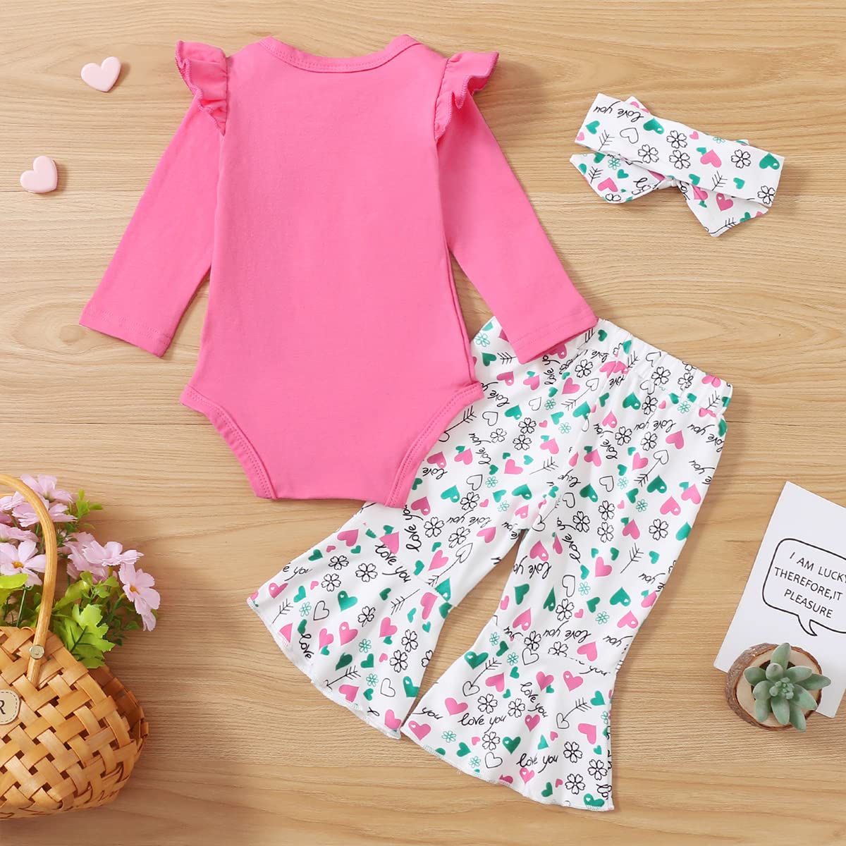 Detigee Baby Girls Valentine's Day Outfit Baby Daddy's Little Valentine Bodysuit(Pink-Bell-Bottom,3-6 Months)