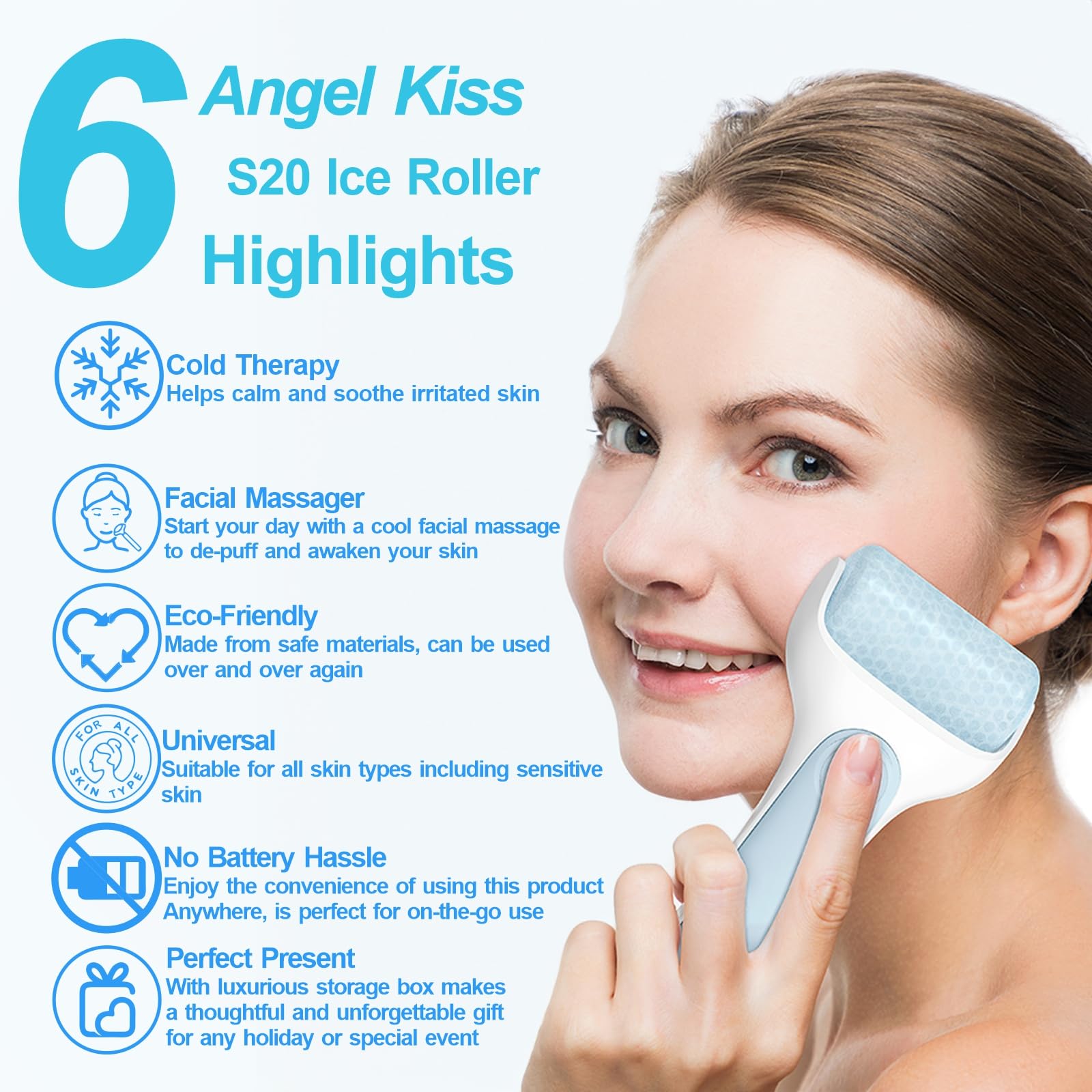 Angel Kiss Ice Roller for Face Eye, Women Gift Idea, Cold Therapy Massager for Reduce Puffiness, Redness, Dark Circles, Tightening Firming, Reduce Wrinkles, Migraine Pain Relief, w/Premium Carry Case