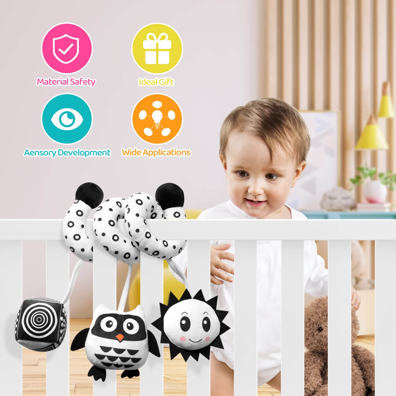 Stroller Toys,Cute Baby Spiral Plush Toys,Black White Stretch & Spiral Activity Toy,Baby Car Seat Toys,Hangings Rattle Toy for Infant,Newborn Sensory Toy for Boy Or Girl, for Strollers（Bee）