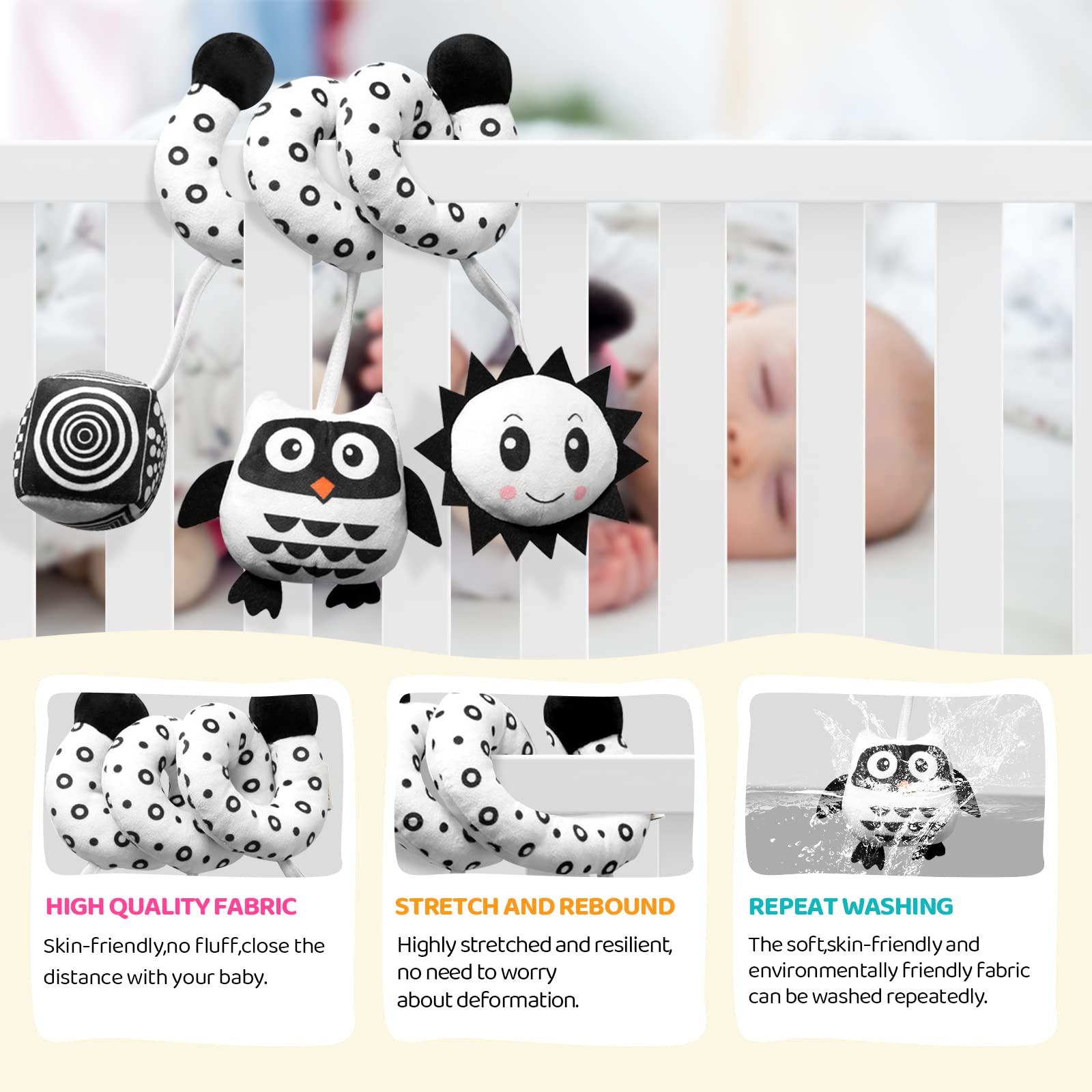 Stroller Toys,Cute Baby Spiral Plush Toys,Black White Stretch & Spiral Activity Toy,Baby Car Seat Toys,Hangings Rattle Toy for Infant,Newborn Sensory Toy for Boy Or Girl, for Strollers（Bee）