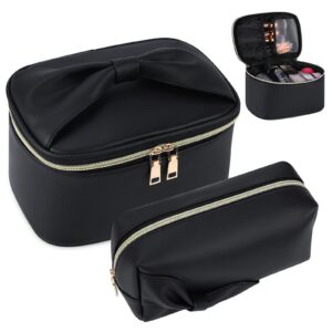 makeup bag 2 pcs cosmetic bag waterproof large make up bag for travel bow-knot storage bag portable cosmetic pouch makeup brush organizer toiletry case for women and girls black