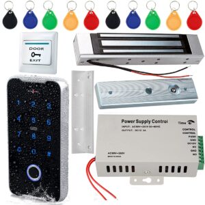 jasag fully waterproof fingerprints access control system kit, metal shell rfid keypad nfc unlocking, with upgraded 180kg (380lbs) magnetic lock and professional power supply, for door lock security