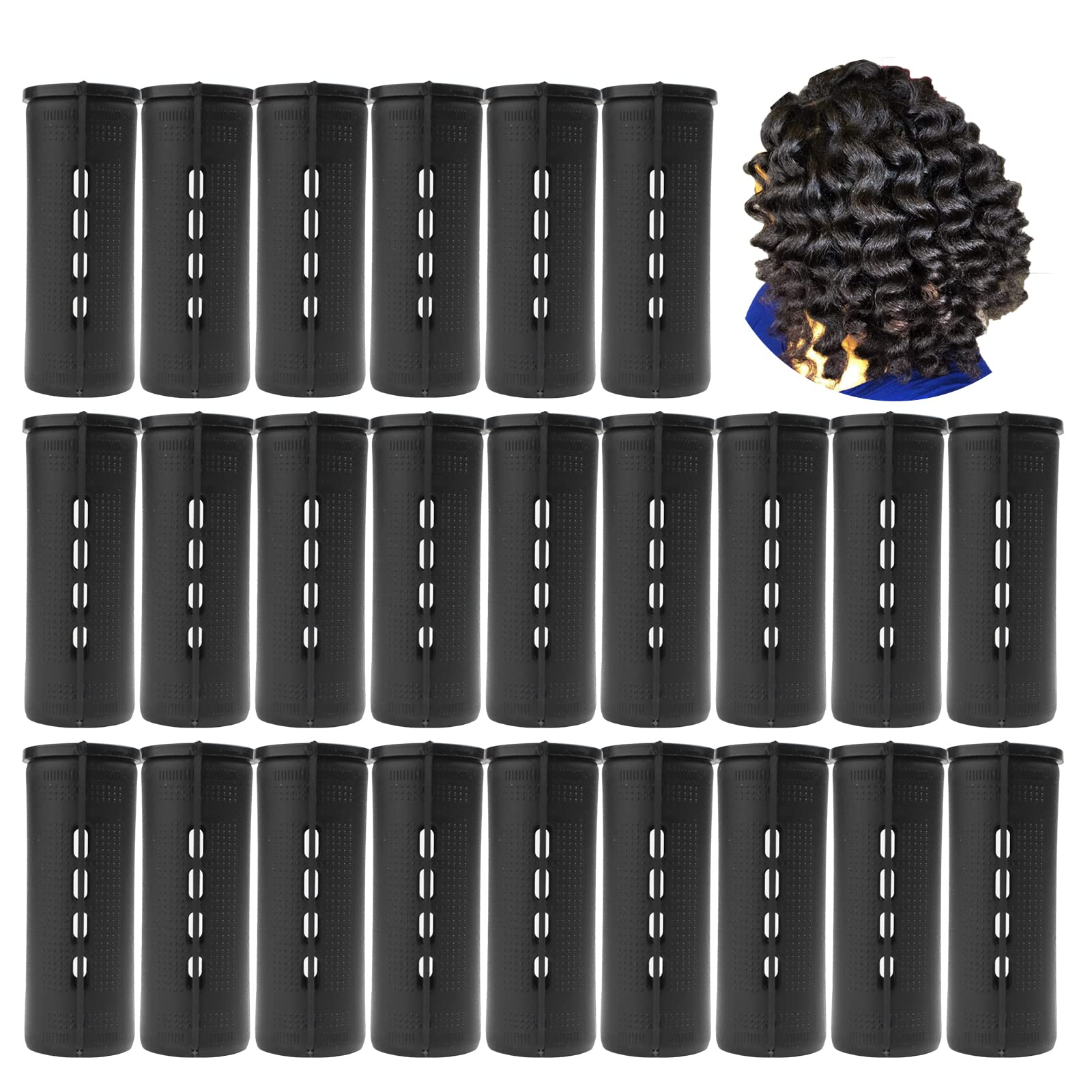 Jumbo Cold Wave Perm Rods Set (24 Pcs) for Women - Large Size Styling Rollers for Natural, Long or Short Hair for Home Hairdressing (Black)