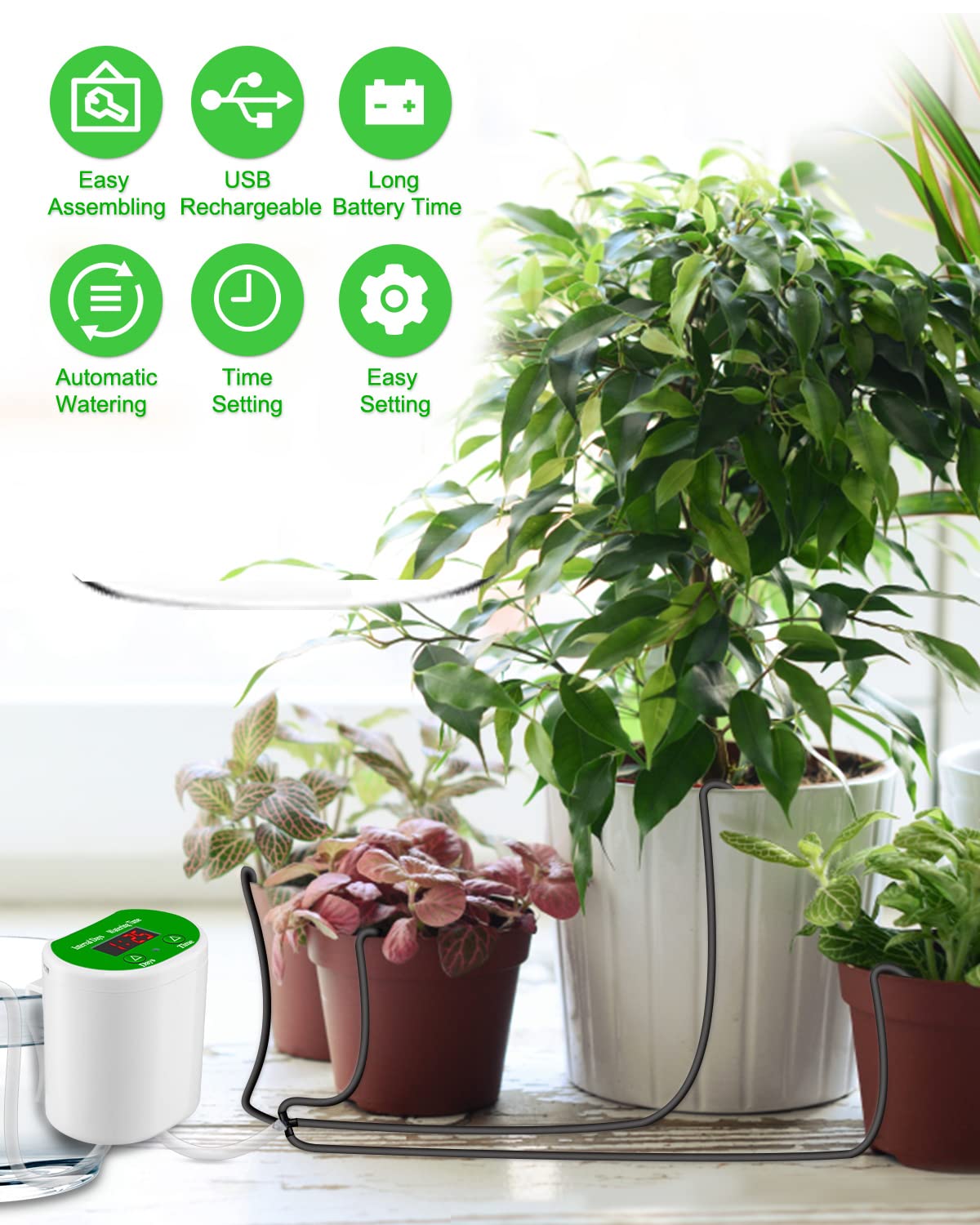 Neikko Automatic Plant Watering System for 12 Indoor Potted Plants, Automatic Drip Irrigation Kit Plant Watering System with Water Timer, USB Rechargeable Vacation Plant Self Watering Kit