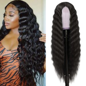 instastyle 30 inch synthetic curly wigs for women long black hair wig lace front 4" simulated scalp natural loose deep wave crimps curls wig as hair replacement wigs 1b