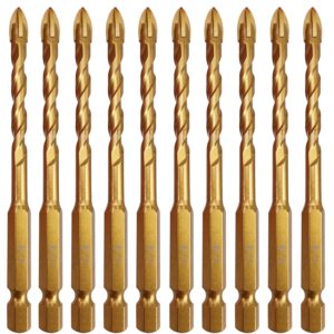 hymnorq 1/4 inch multi-purpose masonry drill bits 10pc pack, yg6x carbide tipped 4 edges cross spear head, 1/4 hex shank, titanium coated surface, for glass tile concrete wood ceramic brick marble