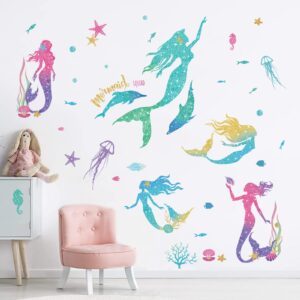 wondever Colorful Mermaid Wall Stickers Princess Underwater Peel and Stick Wall Art Decals for Girls Bedroom Baby Nursery Bathroom