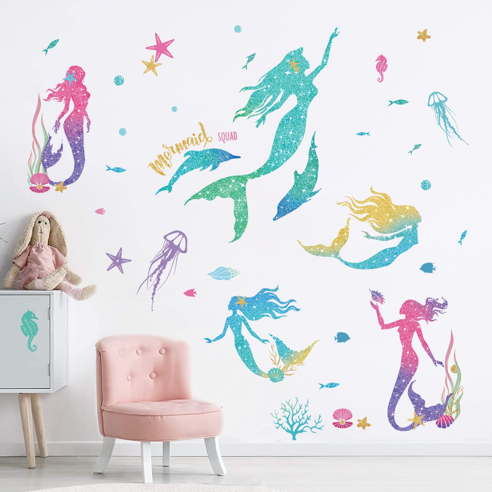 wondever Colorful Mermaid Wall Stickers Princess Underwater Peel and Stick Wall Art Decals for Girls Bedroom Baby Nursery Bathroom