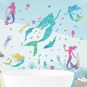 wondever Colorful Mermaid Wall Stickers Princess Underwater Peel and Stick Wall Art Decals for Girls Bedroom Baby Nursery Bathroom